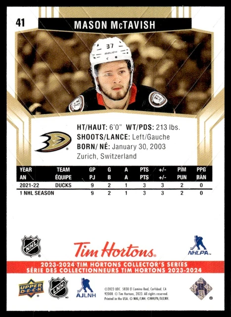 MASON MCTAVISH 2023-24 Upper Deck Tim Hortons #41 Anaheim Ducks Card $3 ...