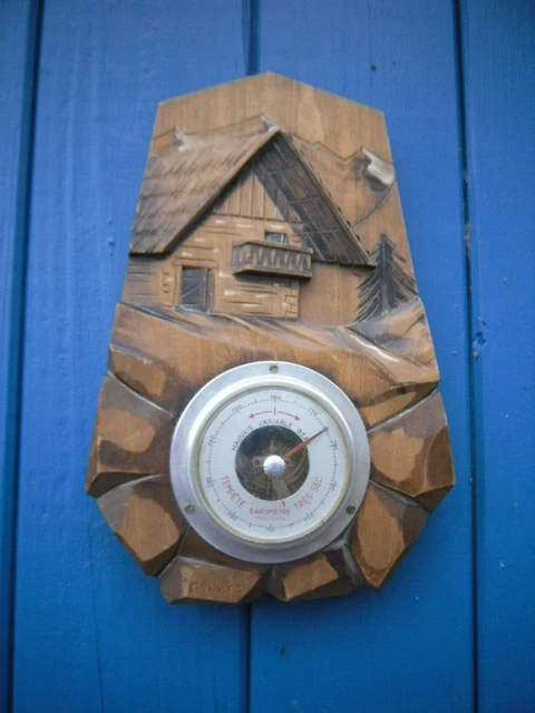 BAROMÈTRE EN BOIS sculpté décor de montagne signé C.Hauler EUR 15,00 ...