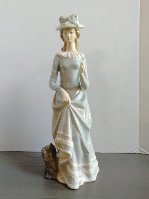VICTORIAN LADY STANDING with dog Porcelain Figurine Vintage Light Green ...