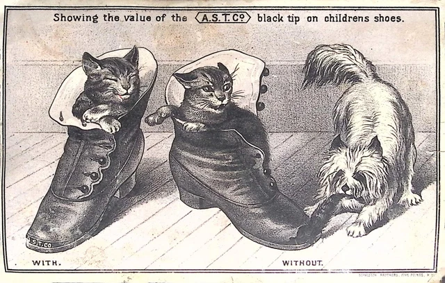 VICTORIAN TRADE CARD A.S.T. Co. Black Tip Shoes Cats & Dog Graphic New ...