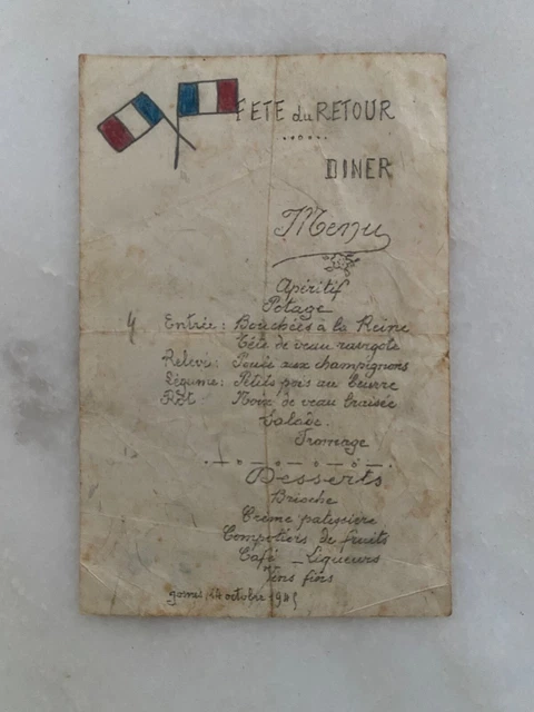 ANCIEN MENU DINER FETE DU RETOUR à Josnes du 14 Oct 1945 EUR 15,00 ...