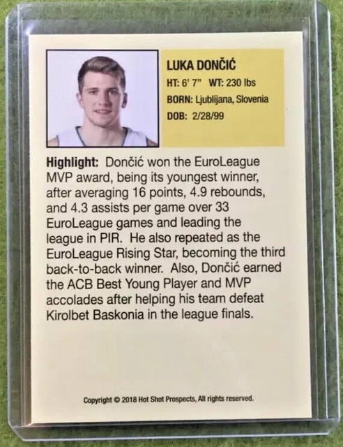 CARTA ROOKIE LUKA Doncic 2018 Hot Shot Prospects Eurolega Dallas ...