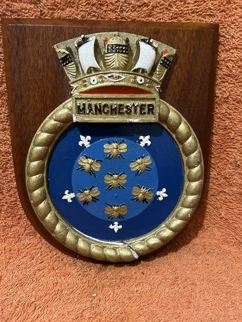 ROYAL NAVY MILITARY Wall Plaque "HMS Manchester” Hand Painted Plaster ...