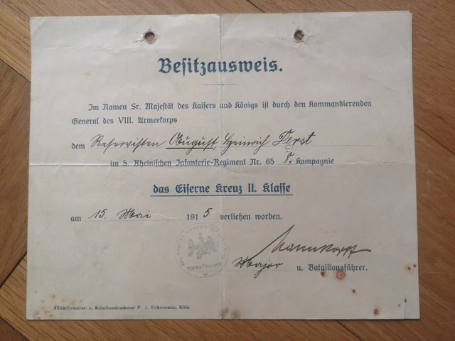ALLEMAGNE WW1 BREVET Diplome Croix De Fer 2° Classe 1915 Rheinisches ...
