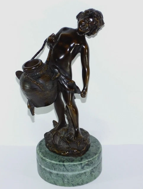 ANTIQUE/ VINTAGE BRONZE STATUE BOY Carrying Water Vessel AUGUSTE MOREAU ...