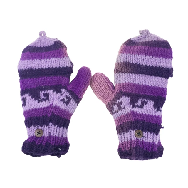 WOOL FOLD OVER Convertible Fleece Lined Gloves Made in Nepal Purple One ...