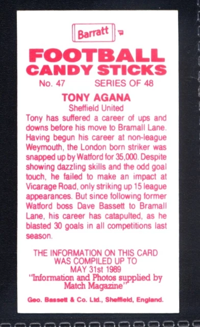 BASSETT/BARRATT FOOTBALL (1989-90) Tony Agana (Sheffield United) N° 47 ...