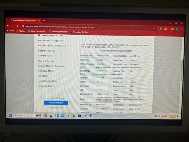 APPLE 20& CINEMA Display A1038-M8893ZM/A Power Adapter Inc. $167.01 ...