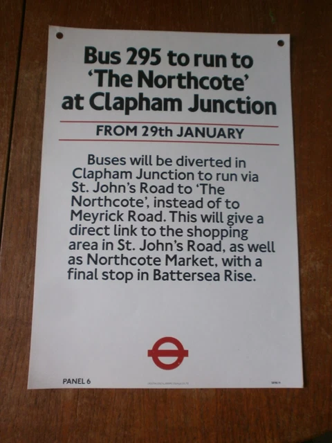 LONDON TRANSPORT BUS Stop Timetable Panel Poster-Route 295 to Clapham ...