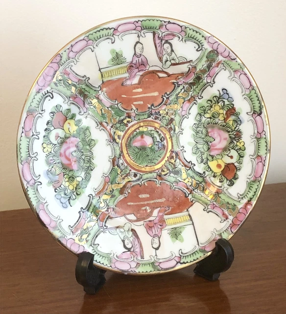 ANTIQUE VINTAGE CHINESE Plate 15.5cm Diameter Rose Canton Gold & Signed ...