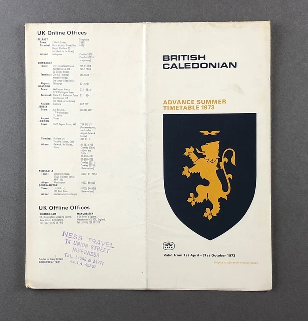 BRITISH CALEDONIAN AIRLINE Timetable Advance Summer 1973 Bcal Airways £ ...