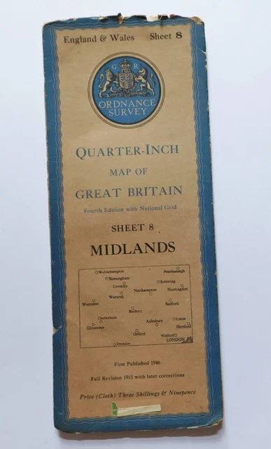 ORDNANCE SURVEY QUARTER-INCH Map Midlands England sheet 8 1946 cloth ...