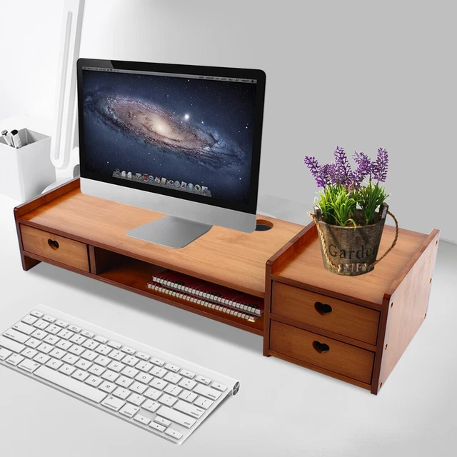 BAMBOO MONITOR STAND Riser with Storage Drawer Desk Laptop Organizer ...