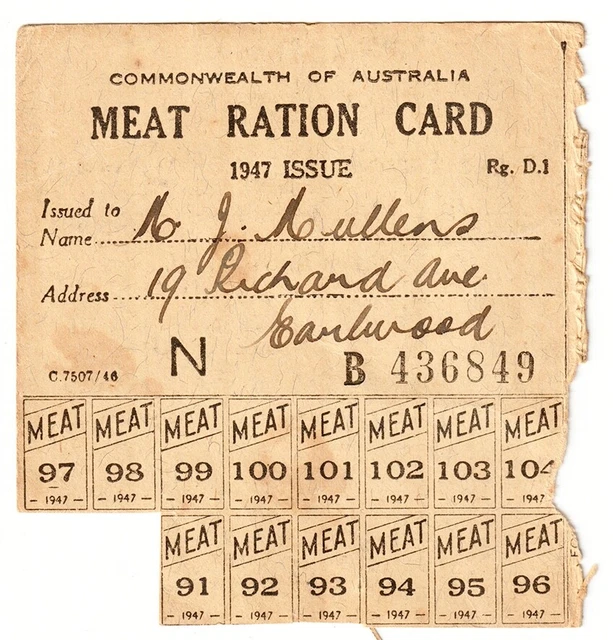 COMMONWEALTH OF AUSTRALIA 1947 Meat Ration Card Earlwood Nsw- Used ...
