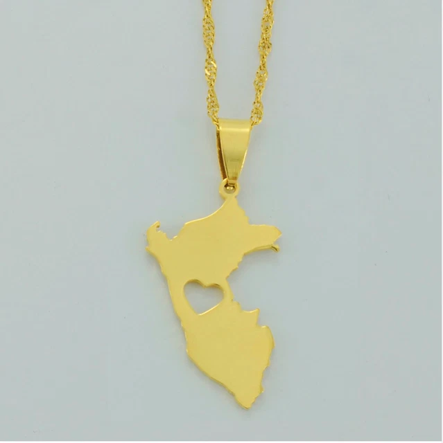 MAP OF PERU Love Heart Country Gold Stainless Steel Chain Charm Pendant ...
