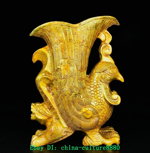 7& OLD CHINA Dynasty Bronze Ware Gilt Dragon Phoenix Bird Beast Zun ...