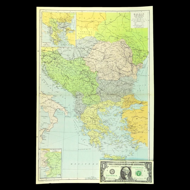 VINTAGE BALKAN STATES Map Greece Yugoslavia Bulgaria Romania Hungary ...