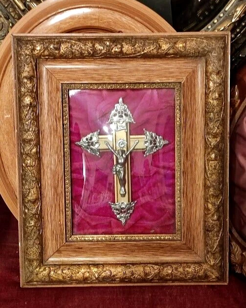 ANCIEN CADRE CRUCIFIX Jesus Christ Janseniste Metal Cross Verre Bombe ...