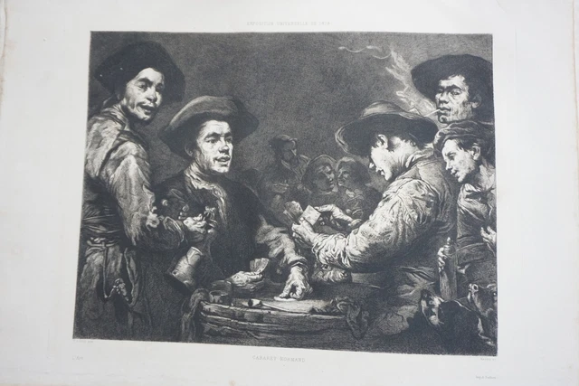 T.A. RIBOT (1823-1891) Gravure Scene Jeux Carte Normandie Cabaret ...