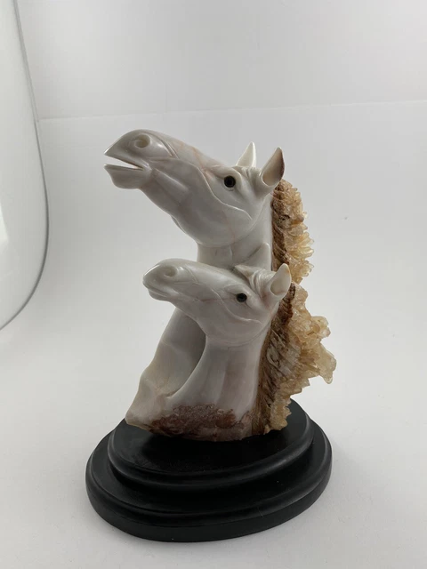 HAND CARVED QUARTZ and Calcite 7.75” Tall Mare Horse & Foal Figure Wood ...