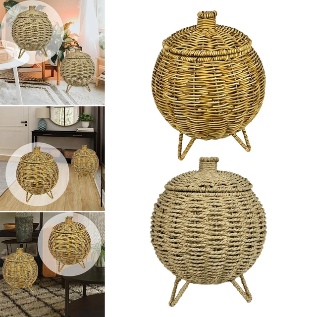 PANIER DE SERVICE rond en rotin de style rétro avec couvercle tissé à ...