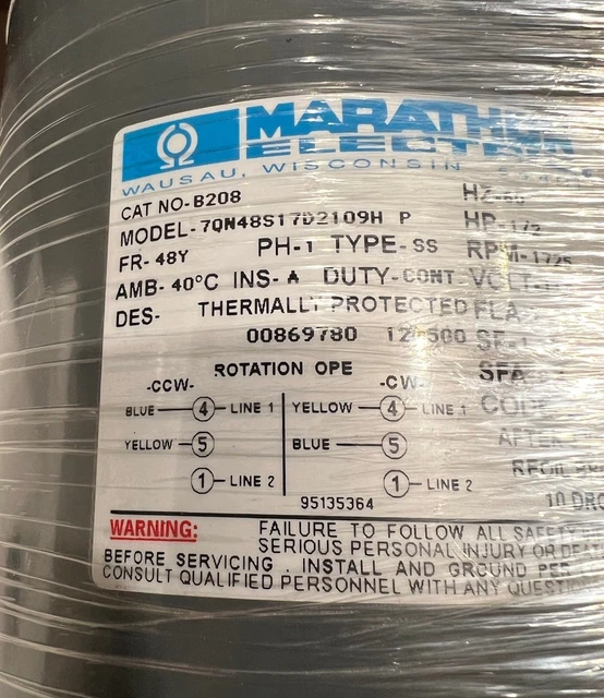 MARATHON ELECTRIC MOTOR B208 1/2 HP-60 HZ-Single Phase-1725 RPM-MODEL ...