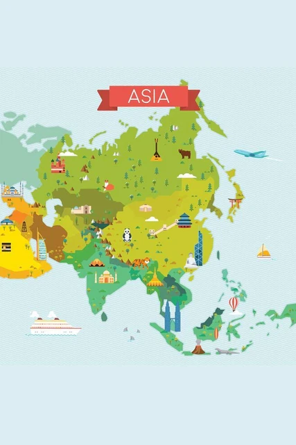 MAP OF ASIA Illustrated Icons Classroom Cool Wall Decor Art Print ...