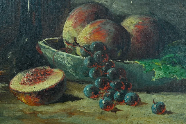 ANCIEN TABLEAU Nature morte aux fruits raisin pêche chaudron Alsace L ...