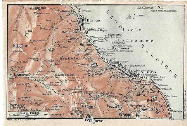 CARTA GEOGRAFICA ANTICA LAGO MAGGIORE Stresa Baveno TCI 1923 Old ...