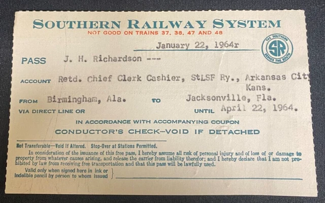 SOUTHERN RAILWAY SYSTEM Railroad Ticket / Pass 1964 EUR 6,20 - PicClick FR