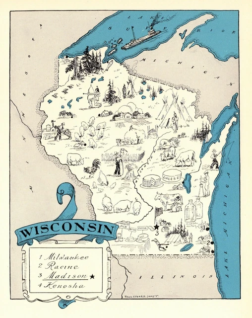 1930S ANIMATED WISCONSIN Picture Map RARE Map of Wisconsin State Map ...