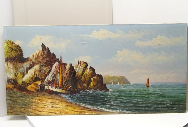 *TABLEAU HUILE SUR TOILE HST MARINE BATEAU de PECHE PAYSAGE 1950 signé C MANCKI EUR 99,00 ...