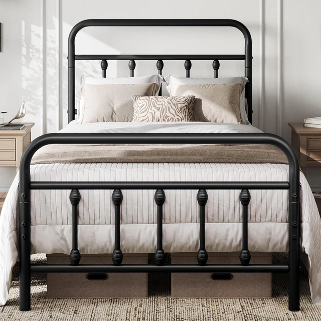 3FT SINGLE BED Frame Vintage Iron Platform Bed with High Headboard and ...