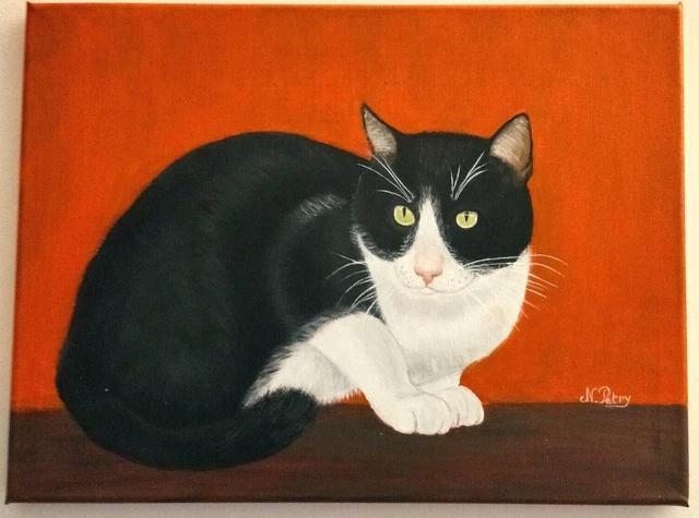 CHAT NOIR ET Blanc TABLEAU peinture Acrylique sur toile peint par N.PETRY EUR 70,00 - PicClick FR
