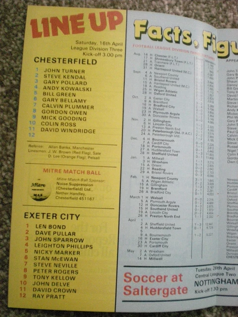 CHESTERFIELD V EXETER CITY, 16th APRIL 1983, NO WRITING, STAPLES ...