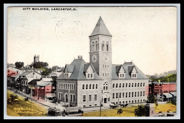 CITY BUILDING, LANCASTER OHIO, Wagons, Signs, Street Scene, PM 1915 EUR ...