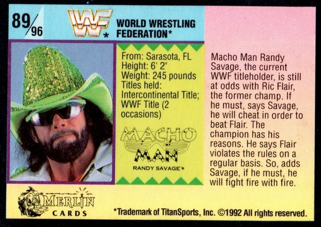 WWF WWE MACHO Man Randy Savage Merlin 1992 Wrestling Trading Card 89 ...