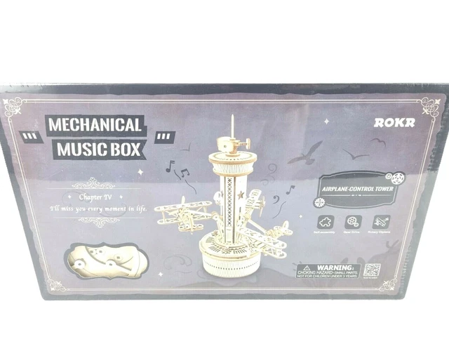 ROKR WOODEN MODEL Kit Airplane Control Tower Mechanical Musical Box 255 ...