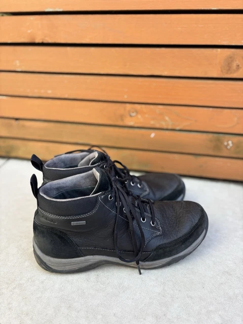 CLARKS BAYSTONE TOP GTX Gore-Tex Black Leather Boots Lace Flat Shoe Sz ...