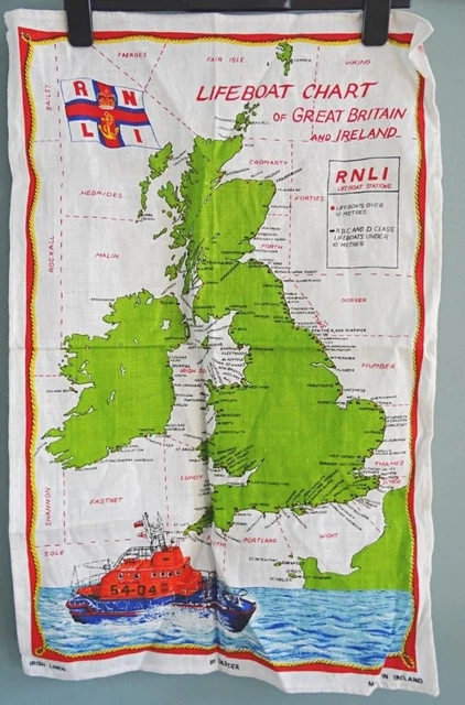 VINTAGE RNLI TEA Towel 1980s Lifeboat Station Chart Map Unused Irish ...