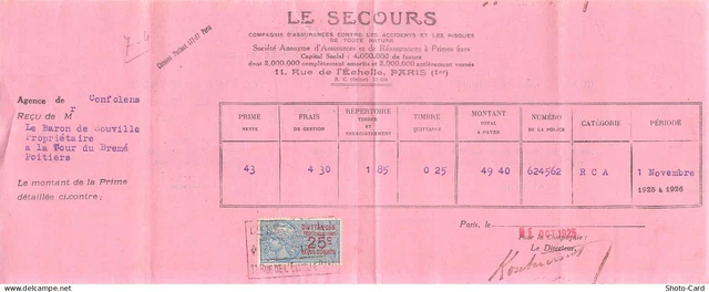 1925 CIE D ASSURANCES LE SECOURS PARIS-LE BARON DE SOUVILLE LA TOUR DU ...
