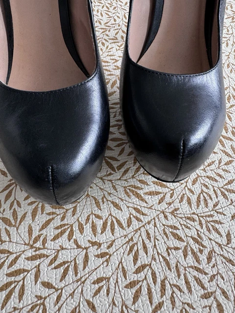OFFICE SIZE 39 6 Black Leather Round Toe High Heels Shoes Stilettos ...