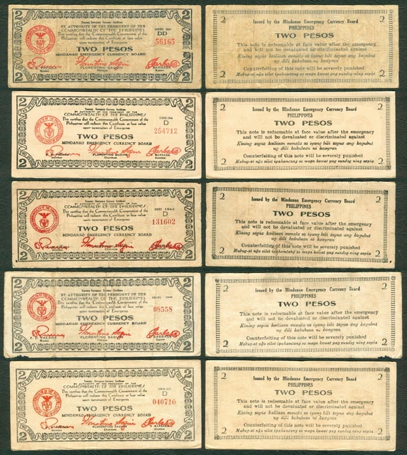5 VARIETIES 2 PESOS Philippine MINDANAO WW2 Emergency Banknote EUR 12 ...
