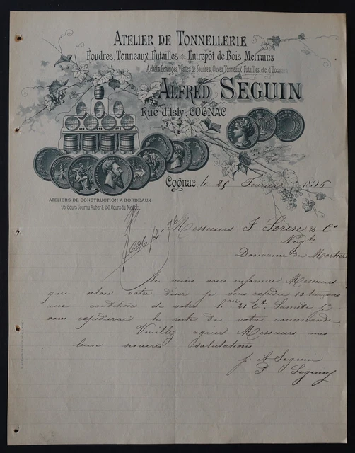 FACTURE COGNAC 1896 tonnellerie SEGUIN tonneau futaille illustrée 64 ...