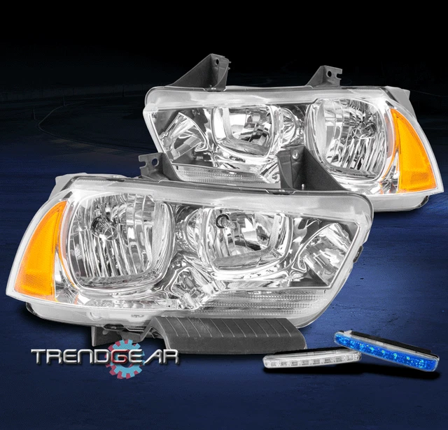FOR 11-14 DODGE Charger Replacement Chrome Headlights Lamp W/Blue Drl ...
