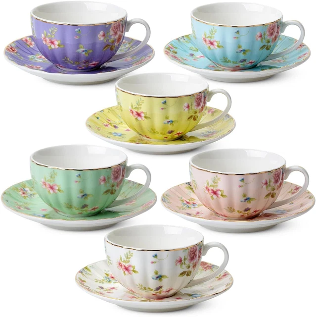 TEA CUPS AND Saucers Set of 6, Tea Set, Floral Tea Cups (7oz ...