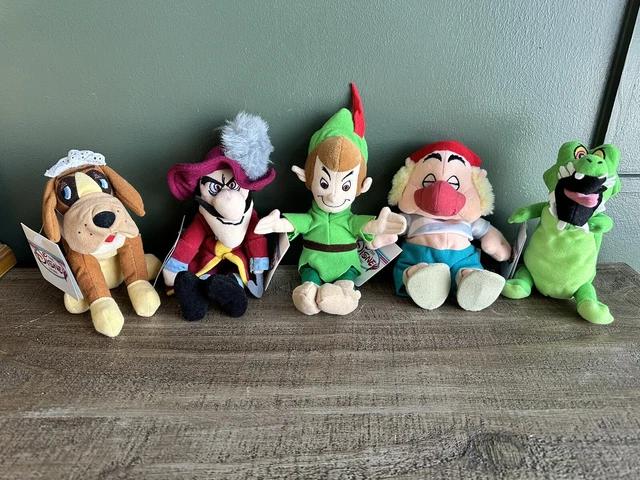 5 DISNEY BEANBAG Plush-Peter Pan, Capt Hook, Smee, Tick Tock Croc, Nana ...