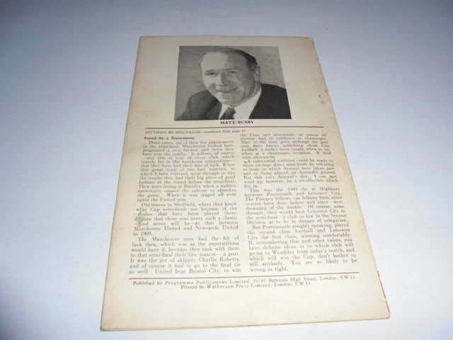 1957/58 MANCHESTER UNITED v Fulham FA Cup Semi Final Replay Programme ...