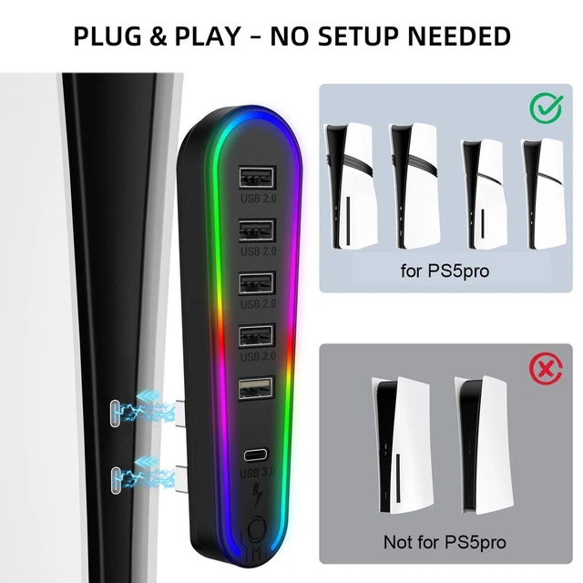 6 PORT USB Hub for PS5 Pro Slim with RGB Light for a Modern Gaming Look ...