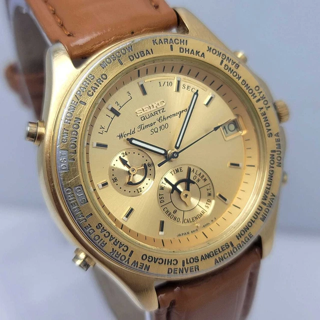 SEIKO WORLD TIMER Chronograph SQ100 Quartz 6M15-8000 Vintage Men’s ...